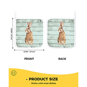 Happy Easter Rabbits 2 Pack Pot Holders Heat Insulation Hot Pads, Cute Cartoon Bunny Washable Oven Pot Holder Set for Kitchen Spring Blue Wood Grain Potholders for Baking Cooking Dining Table
