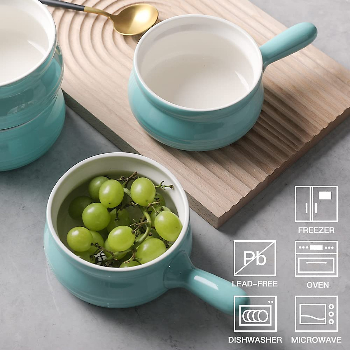 Sweejar Porcelain Soup Bowls with Handle, 22 OZ Ceramic Serving Crocks for French Onion Soup, Pumpkin Soup, Oatmeal, Stew, Dishwasher and Microwave Safe, Set of 4 （Turquoise ）