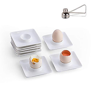 OMAYKEY Set of 8 Porcelain Egg Cups with 1-pcs Stainless Steel Egg Cracker Topper, White Square Ceramic Egg Stand Holders for Soft Boiled Eggs