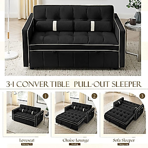 GEEVIVO Pull Out Sofa Bed, 55.5" Loveseat Sleeper Sofa Bed, with Side Pocket Storage, Adjustable Backrest and Waist Pillow, Suitable for Small Space, Living Room, Bedroom, Office(Black)