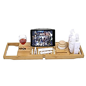 Bozhu Bathtub Tray, Adjustable Bathtub Tray, Expandable Bathtub Caddie, Table, Wine Glass Bracket and Towel Rack, Bamboo(Bozhu01)