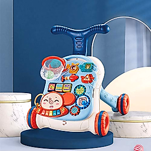 Baby Learning Walker Sit-to-Stand Baby Walker with Wheels Entertainment Table Kids Early Educational Activity Center, Baby Push Walkers for Boys and Girls (Blue White)