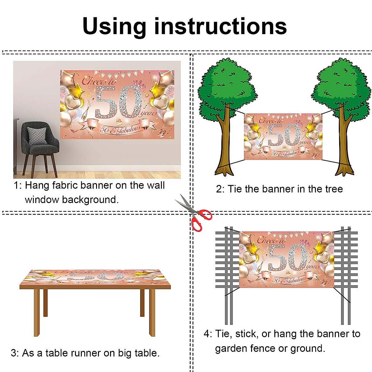 HOWAF Woman 50th Birthday Party Decoration Rose Gold, Fabric Banner for 50th Birthday Photo Backdrop Photography Background, 50th Birthday Outdoor Garden Table Wall Decoration Supplies