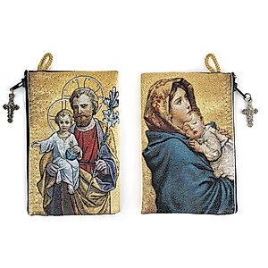 Catholic Rosary Pouch, Saint Joseph and Baby Jesus & Madonna and Child, 4" x 6" Jewelry & Coin Purse with Cross, Small Woven Tapestry Icon Bag, Bolsa de Rosario Católico para Joyería