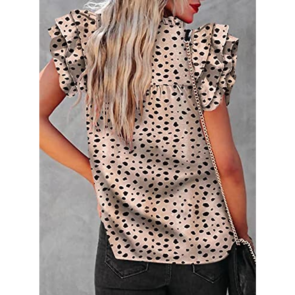 LOLONG Summer Womens Tops Dressy Business Casual Boho Polka Dot Notched V Neck Blouses Ladies Ruffle Short Cap Sleeve Shirts Beige