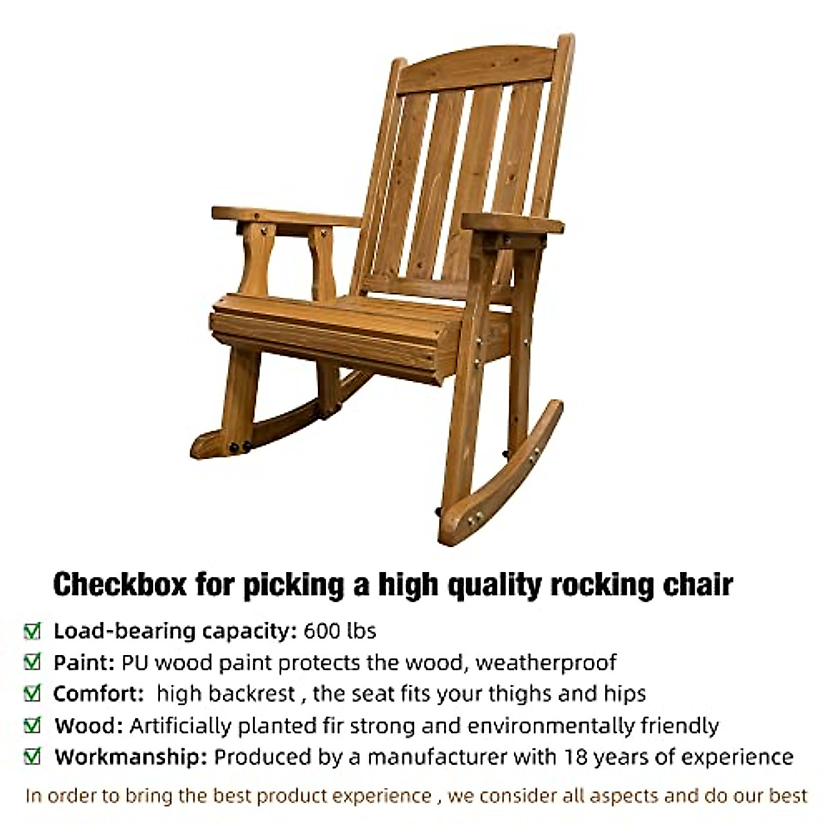 Wooden Rocking Chair with Comfortable Backrest Inclination, High Backrest and Deep Contoured Seat, Solid Fir Wood, Heavy Duty 600 LBS, for Both Outdoor and Indoor, Backyard, Porch and Patio