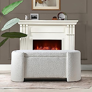 Deolme White Boucle Storage Ottoman Bench- Modern Wooden Indoor Upholstered Storage Bench End of Bed Stool Sherpa Bench Bedside with Safety Hinge for Bedroom, Living Room Seating, Entryway