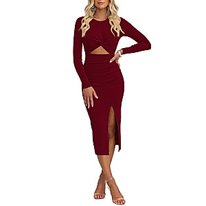 Pink Queen Knit Bodycon Dresses for Women Long Sleeve Cutout Twist Ruched Slit Christmas Date Night Midi Dress Red M