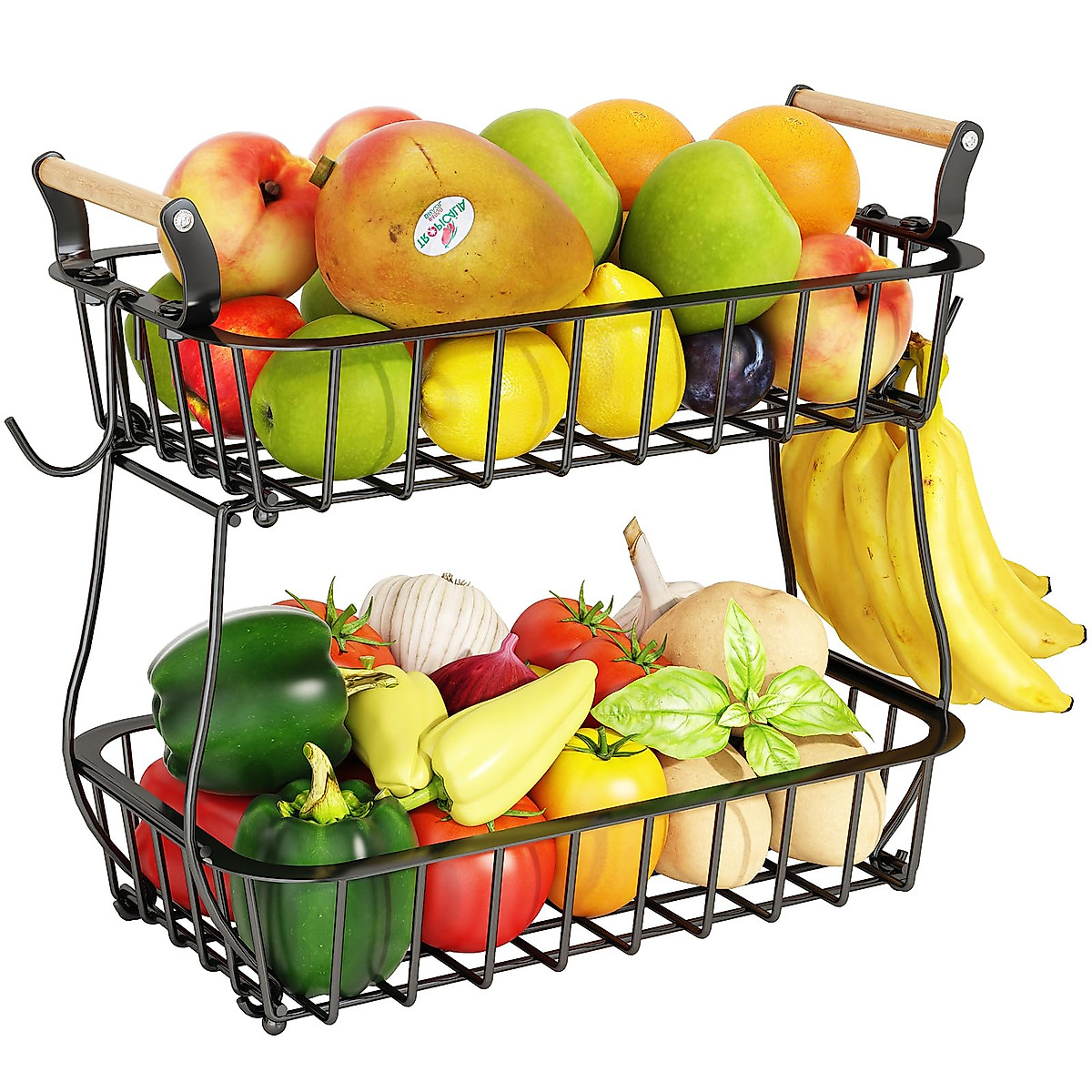 2 Tier Fruit Basket with 2 Banana Hangers, Countertop Fruit Vegetable Basket Bowl for Kitchen Counter Metal Wire Storage Basket Fruits Stand Holder Organizer for Bread Snack Veggies Produce, Black
