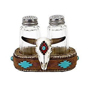 Western Cow Steer Skull Salt and Pepper Shaker Set with Holder