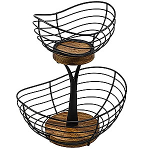 Modern Farmhouse 2 Tier Fruit Basket for Kitchen Counter, Vintage Wire and Wooden Base Fruit Bowl/Stand for Kitchen countertop Decor - Double Tree Fruit & Vegetables Basket