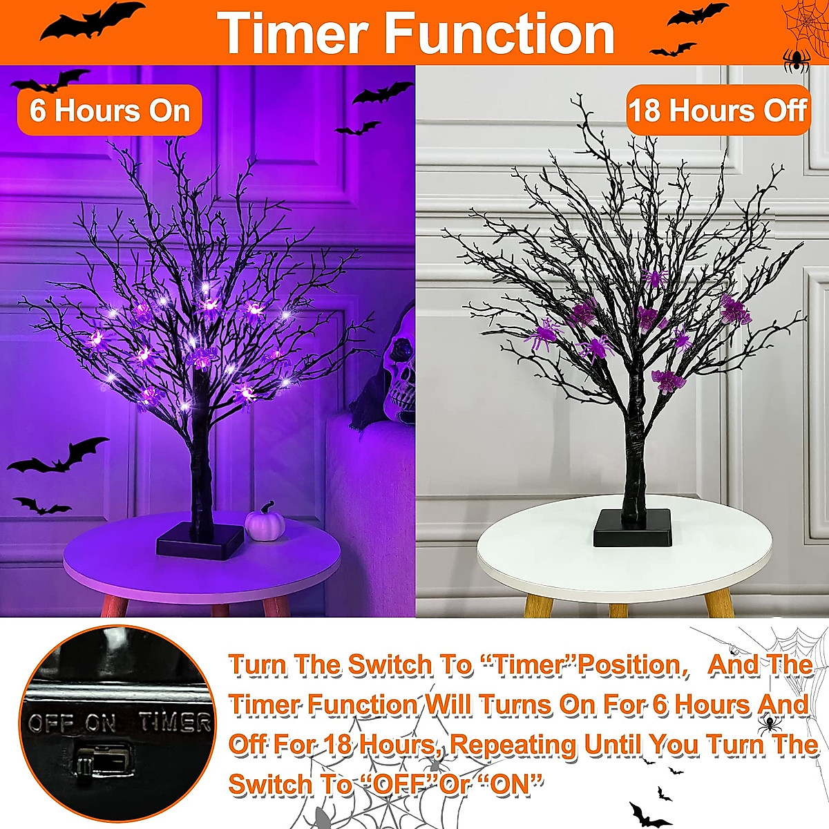 [ 2 Pack & Timer ] 24 Inch Prelit Halloween Black Tree Halloween Decorations Artificial Spooky Tree Battery Powered Total 48 LED Purple Lights DIY 25 Spider & 25 Bat Tabletop Indoor Home Party Decor