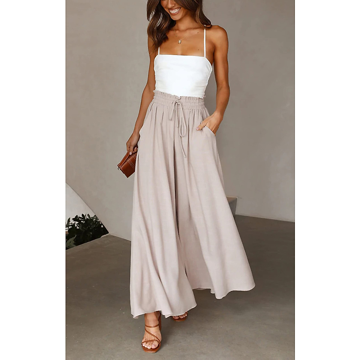 Watashi Women's Wide Leg High Waisted Pants Palazzo Elastic Flowy Loose Culotte Trouser(Apricot-XL)