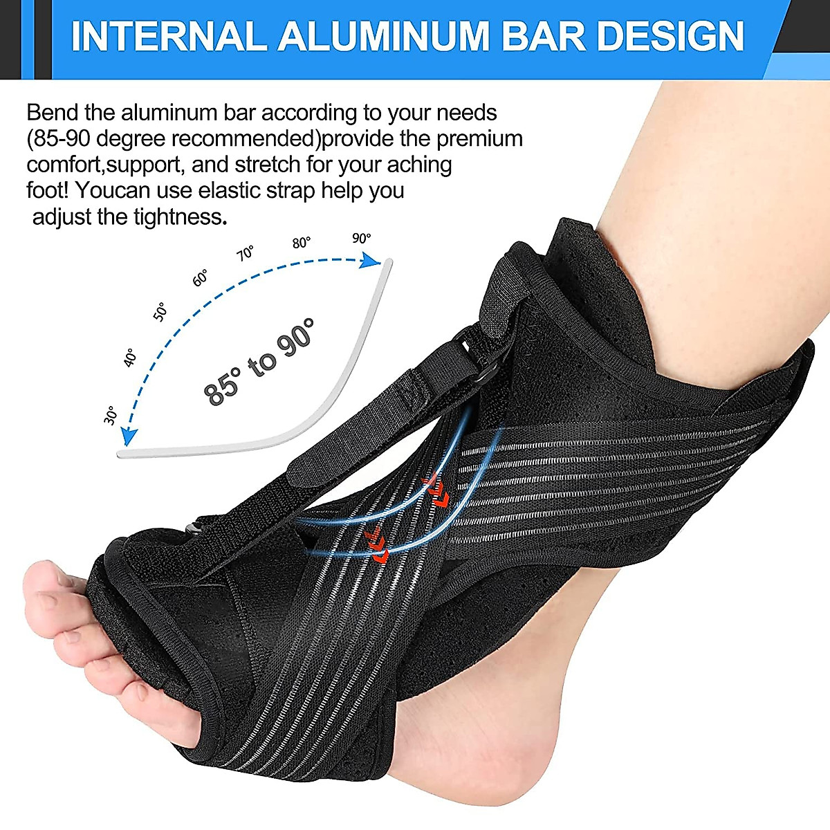 Plantar Fasciitis Night Splint, Adjustable Ankle Brace Foot Drop Orthotic Brace with Hard Spiky Massage Ball Arch Brace Pads, Foot Support Night Splint for Achilles Tendonitis Arch Foot Pain (Black)