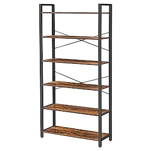 Fancial 6-Tier Tall Bookshelf, Large Bookcase with Steel Frame, Deep Book Shelf for Living Room, Home Office, Study, 11.8 x 31.5 x 73.2 Inches, Industrial Style, Rustic Brown and Black
