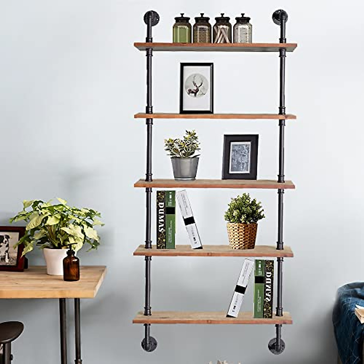 Industrial Pipe Shelving, 24inch Pipe Shelves with Wood Planks, 5 Tier Floating Shelves Wall Mounted Steampunk Real Wood Book Shelves, Retro Rustic Industrial Shelf for Bar Kitchen Living Room