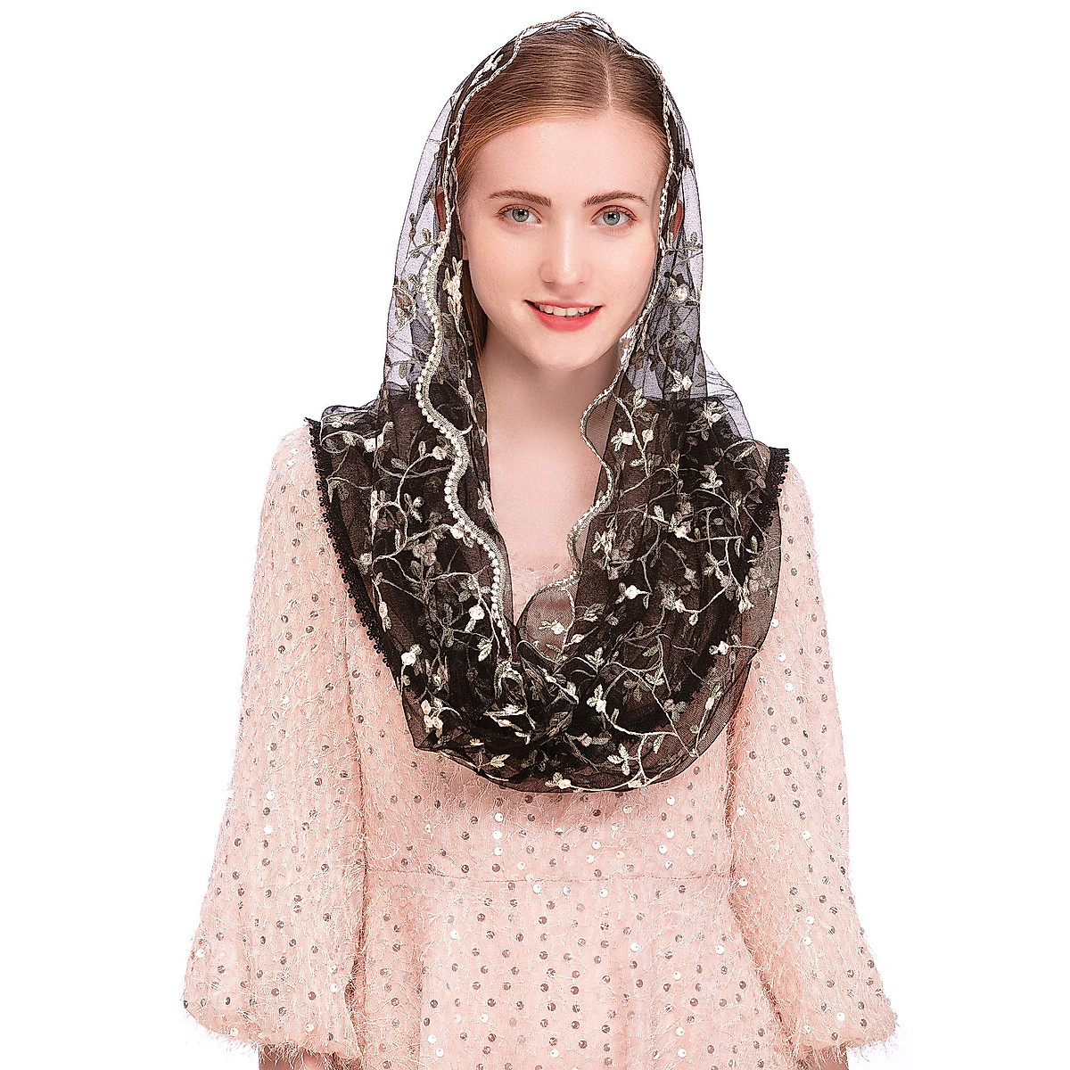 PAMOR Chapel Veils Mantilla Infinity Veil Latin Mass Little Flower Soft Embroidered Lace Head Covering Scarf (Black)