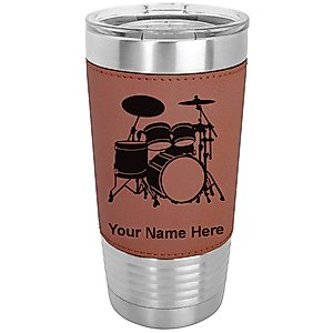 LaserGram 20oz Vacuum Insulated Tumbler Mug, Drum Set, Personalized Engraving Included (Faux Leather, Dark Brown)