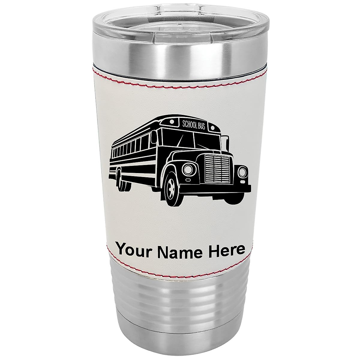 LaserGram 20oz Vacuum Insulated Tumbler Mug, School Bus, Personalized Engraving Included (Faux Leather, Baseball Style)