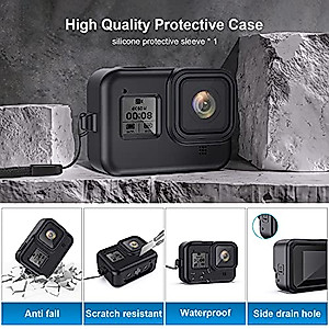 Accessories Kit for GoPro Hero 8 Black, Silicone Rubber Protective Case with Stretchable Lanyard + 6Pcs Ultra Clear Tempered Glass Screen Protector for Go Pro 8