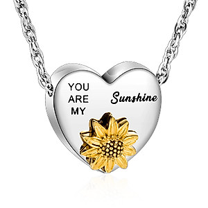 XIUDA Heart Ashes Necklace Urn Necklace with Sunflower You Are My Sunshine Cremation Necklace for Ashes Cremation Jewelry for Human Ashe Memorial Necklace with Flower