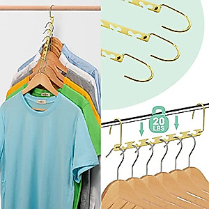 UrbanEco Golden Space Saving Hangers Organizer for Clothes - Closet Metal Hanger for Heavy Clothes - Space Saver Hanger for Dorm Room - Collapsible Dual Hook Magic Hanging Storage Organizer (6 Pack)