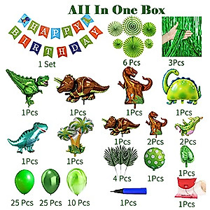 GoGoGoodie Dinosaur Party Decorations-Three Rex Jurassic World Park Themed Birthday Decorations Green Balloons Arch Garland Kit Dino Foil Balloons HAPPY BIRTHDAY Banner Paper Fan Curtains for Boys