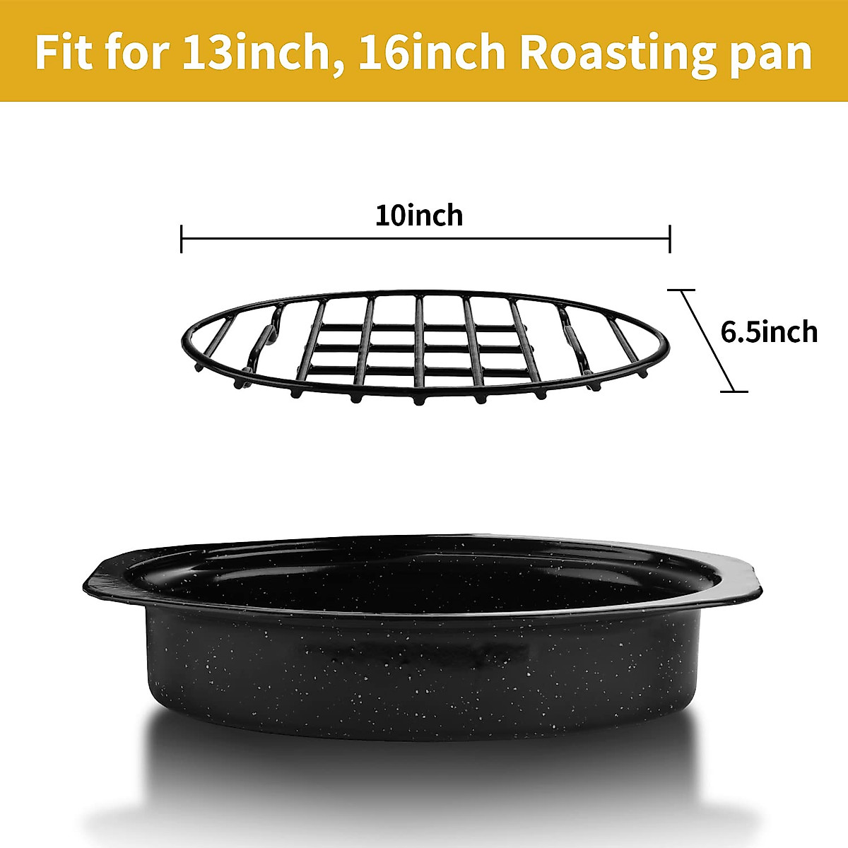 DIMESHY Roasting Rack, Black with Integrated Feet, Enamel Finished, Nonstick, fit for 13 inches oval roasting pan, safety, dishwasher, Great for Basting, Cooking, Drying, Cooling rack.(10”x 6.5”)