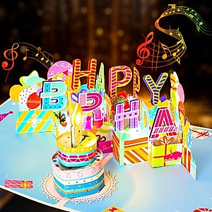 ZOEDO 3D Musical Birthday Pop Up Card, Blow Out LED Light Candle & Music Happy Birthday Card Birthday Greeting Cards with Blank Note Card and Envelope for Kid Husband, Men, Women, Mom