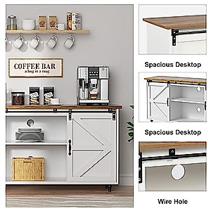 HOMBCK Farmhouse Coffee Bar Cabinet, Sideboard Buffet Cabinet with Storage, White Coffee Bar Kitchen Storage Cabinet with Sliding Barn Doors, Sideboard Cabinet for Living Room, Entryway, White