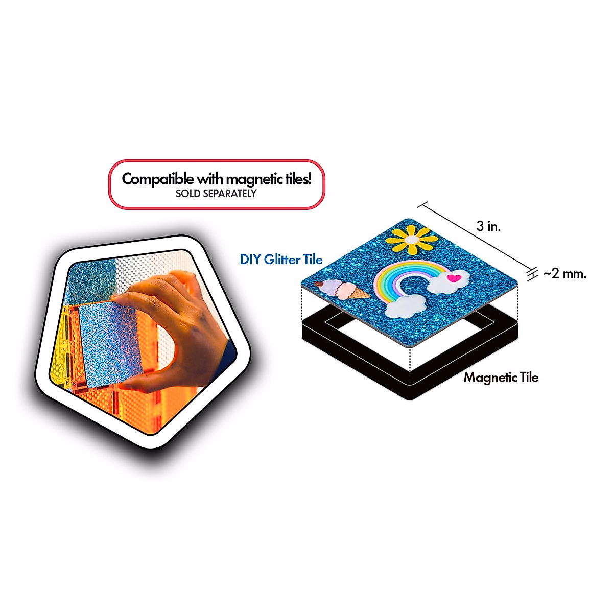 Genius Gems Glitter Tiles DIY Design Kit - Includes 2 Adhesive Squares, 1 Packet of Mixed Charms, Glitters, and Brush - Sticks to Magnetic Tiles!