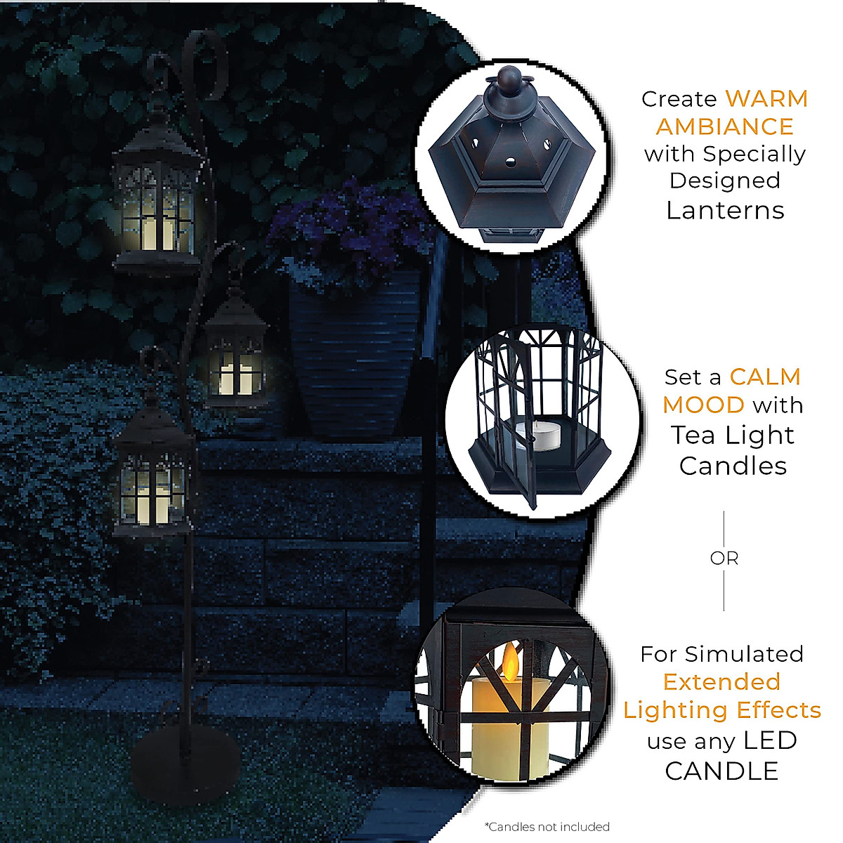 BACKYARD EXPRESSIONS PATIO · HOME · GARDEN 906476-NM Three Tier Steel Lantern Stand/Hanger-71 Inch Height-No Candles Included-Backyard Expressions, Black