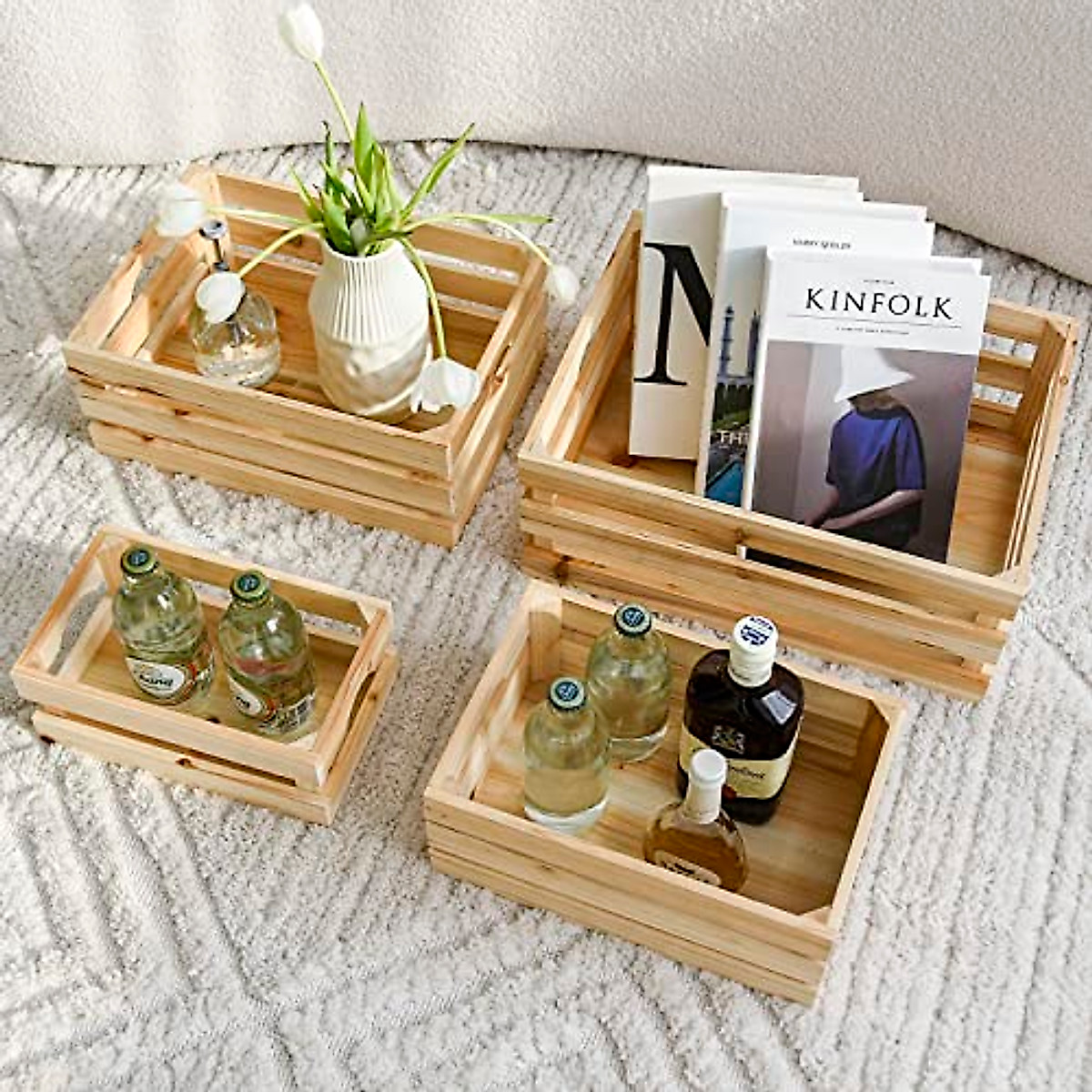 MACVAD Set of 4 Large Wooden Crates Unfinished Office Storage Crates, Decorative Wood Storage Crates for Display, Rustic Pine Wood Organizer Bin Basket for Kitchen Pantry Bathroom