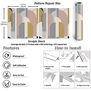 VEELIKE 17.7''x354'' Abstract Arches Geometric Wallpaper Peel and Stick Boho Geometric Contact Paper for Accent Walls Removable Modern Wallpaper Self Adhesive Art Wall Mural for Bedroom Bathroom