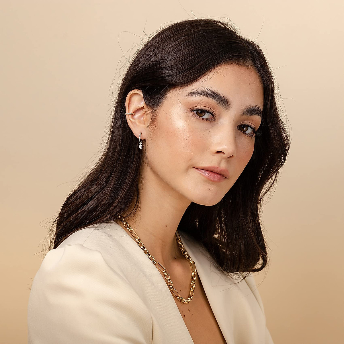 PAVOI Rhodium Plated 925 Sterling Silver Post Dangle Huggie Hoop Earrings For Women - Trendy Pear Shaped Cubic Zirconia Drop Open Hoop Earrings - Small Hinged Hammered Huggies