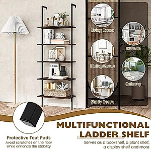 Tangkula 5-Tier Bookshelf, Modern Wall Mounted Ladder Shelf, 5 Tiers Wood Wall Open Bookcase with Metal Frame, Home Office Display Rack Storage Shelves for Collection, Plant Flower Stand (2, Brown)