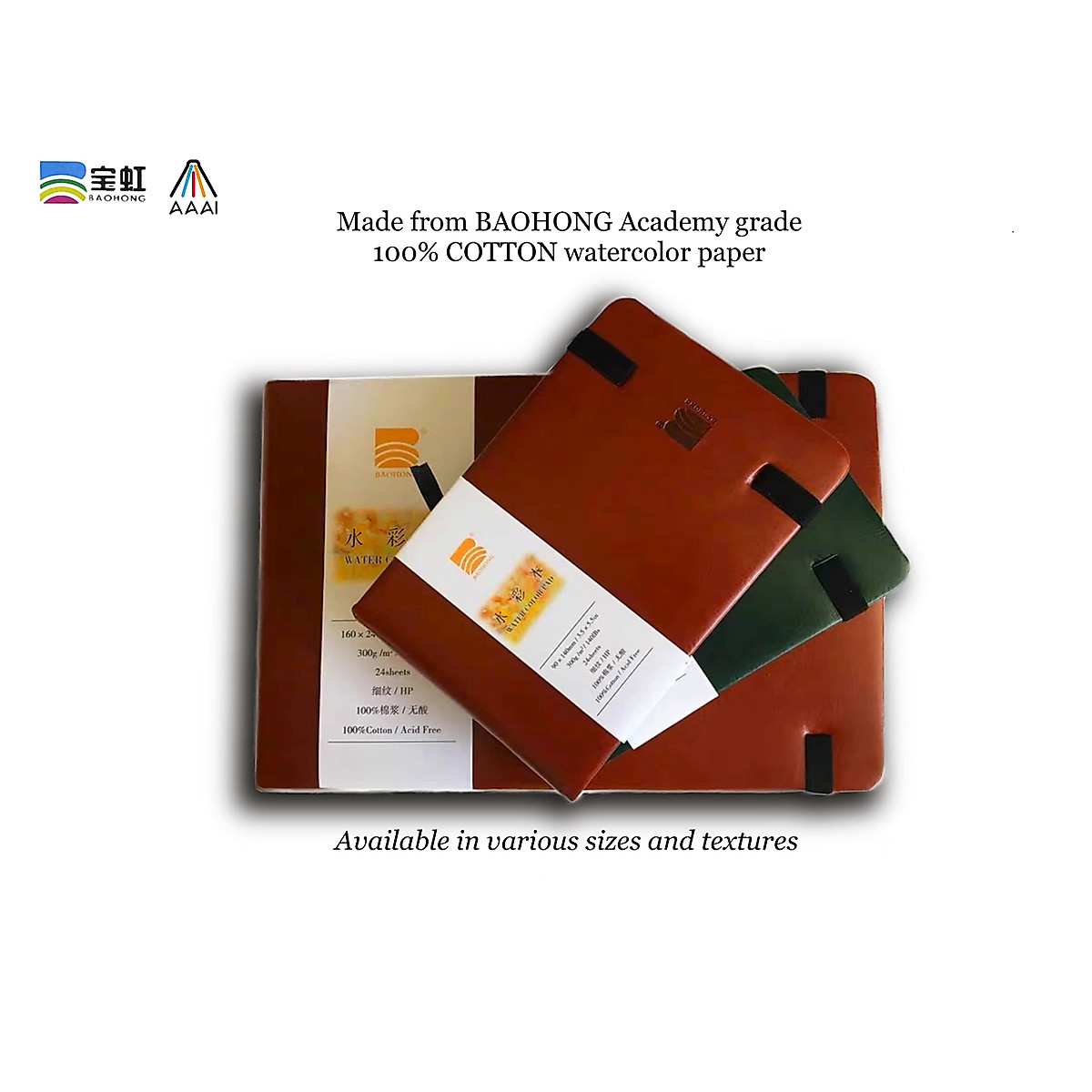 BAOHONG Watercolor Journal, PU Leather Cover, 24 Sheets Sized 6.2" x 9.4", Hot Press Academy Grade BAOHONG Watercolor Paper, 100% Cotton 140 lb (300 GSM), Travel Sketch Book