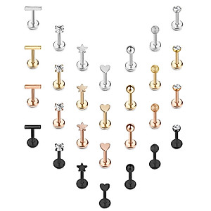 Masedy 16Pcs 16G 316L Stainless Steel CZ Labret Monroe Lip Rings Cartilage Helix Tragus Nose Piercing 6-8MM (C: 28Pcs 6MM)