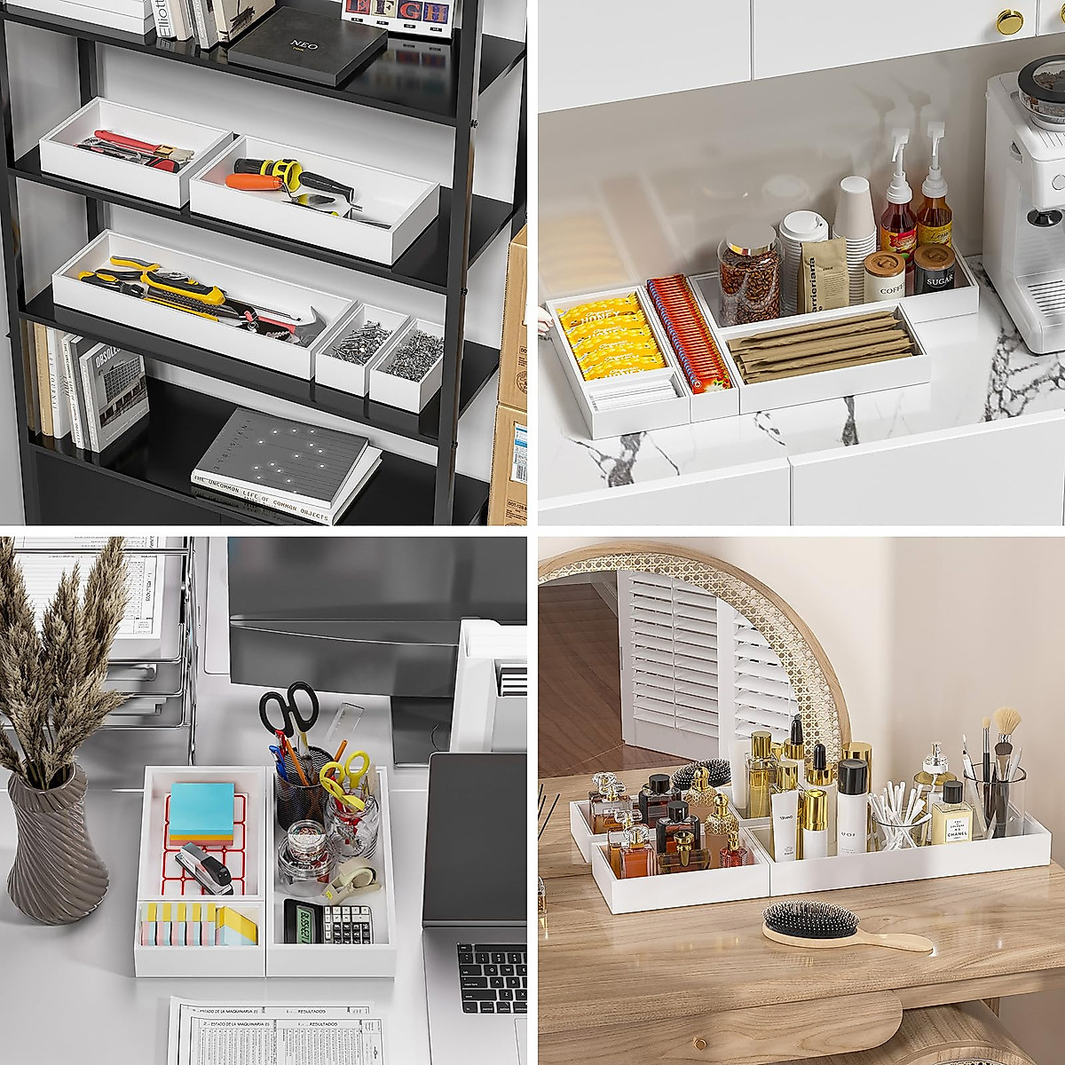 Lixple Utensil Organizer Silverware Drawer Organizer - Set of 2, Stackable Kitchen Organization, Bamboo Storage Box Tray for Kitchen Gadgets Bathroom Countertop (White)