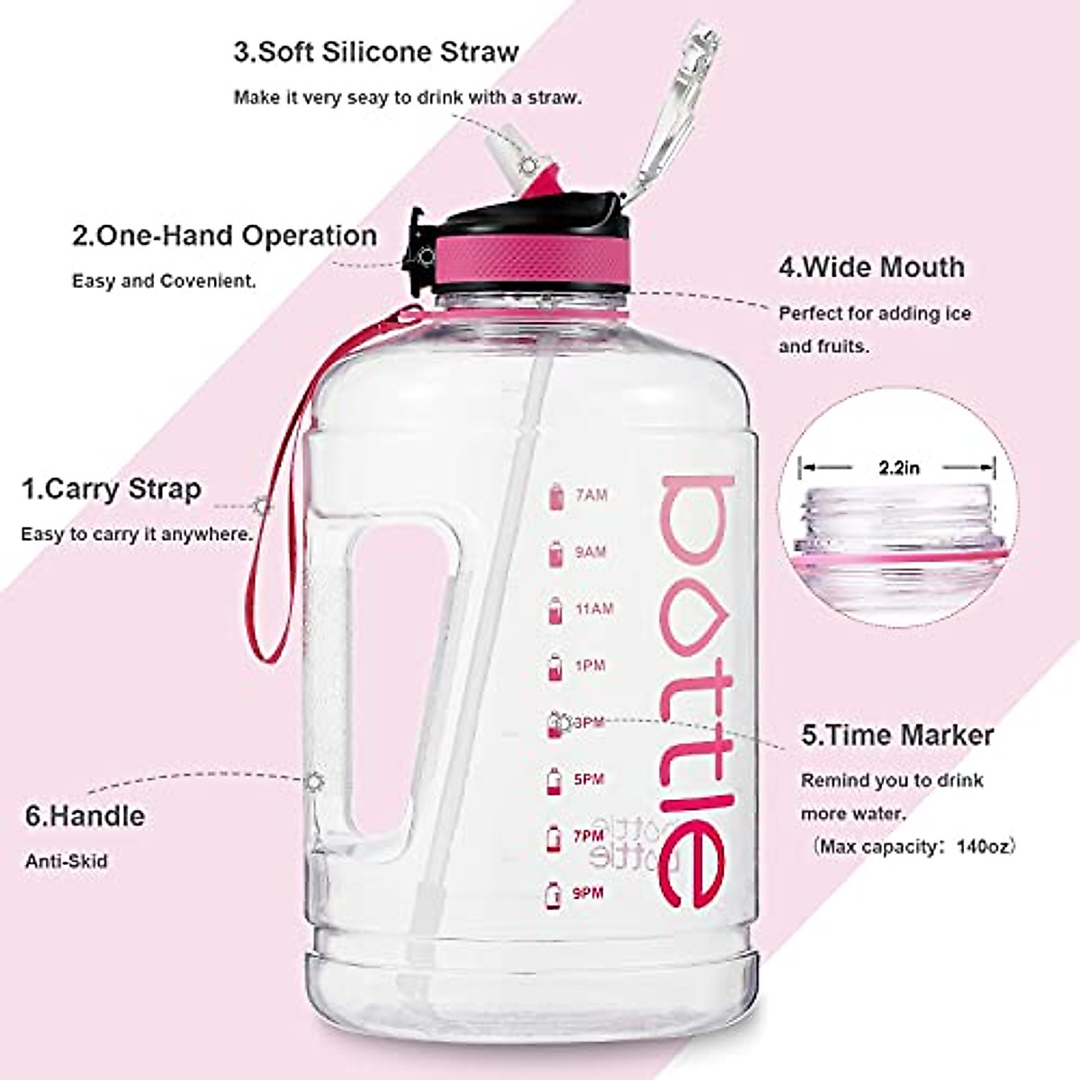 128oz Motivational Gallon Water Bottle With Straw & Big Handle - Ensure You Drink Enough Water Daily for Any Activity