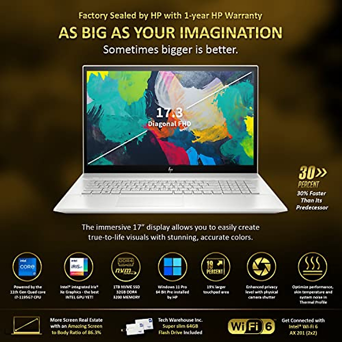 HP Envy 17T 2022 Laptop, i7-1195G7 11th gen, 32GB RAM, 1 TB NVMe SSD, 17.3" FHD Touch, Thunderbolt 4, Win 11 PRO, WiFi 6, B&O Audio, USB-A, Intel Xe Graphics, Silver, 64GB Tech Warehouse Flashdrive