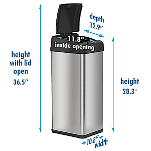 iTouchless 13 Gallon Touchless Sensor Trash Can with AbsorbX Odor Control System, Stainless Steel, Extra-Wide Lid Opening Kitchen Garbage Bin, Silver