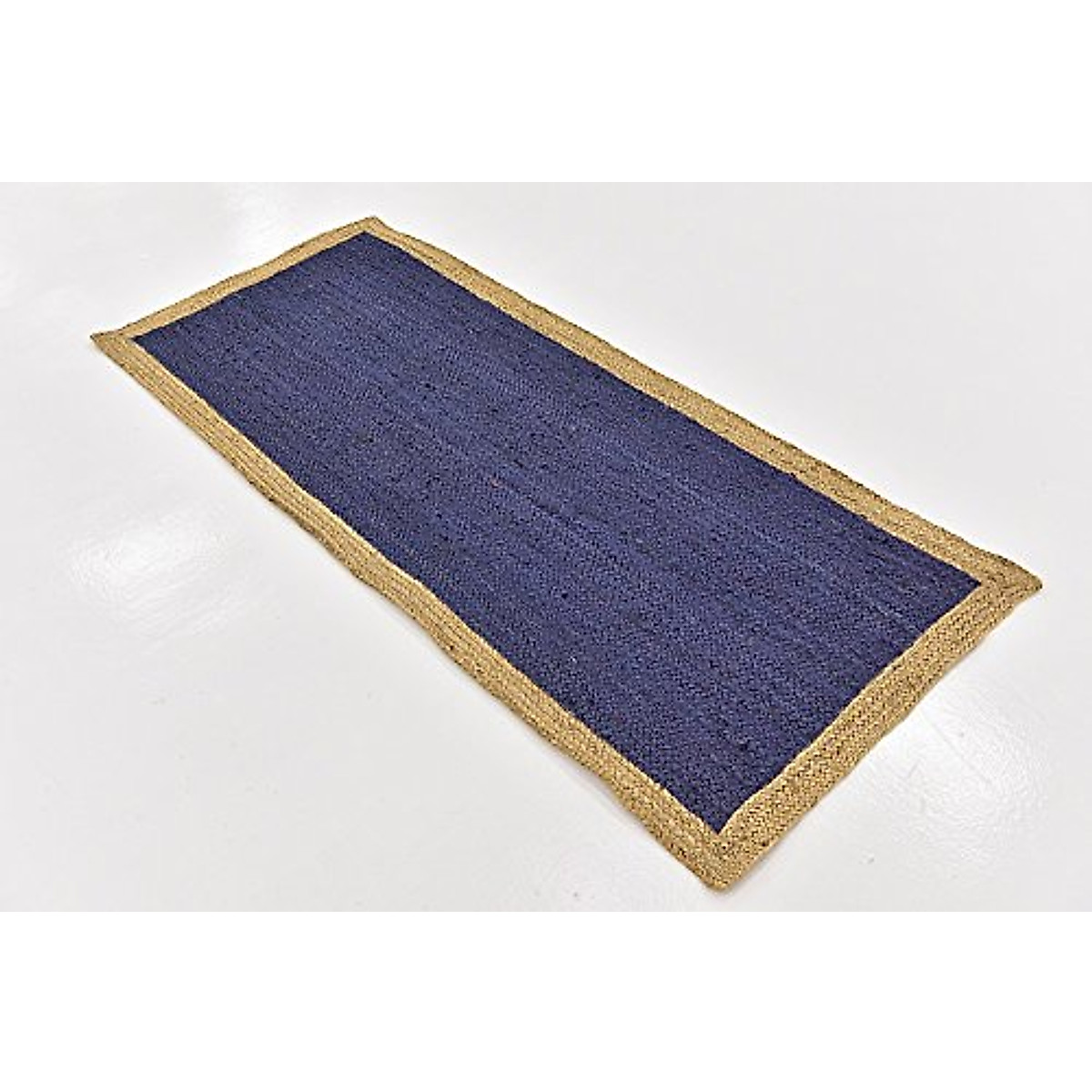 Unique Loom Braided Jute Collection Classic Quality Made Natural Hand Woven with Solid Color Detail, Area Rug, Runner 2' 6" x 6' 0", Navy Blue/Tan