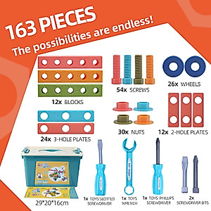 Erector Sets for Kids Ages 4-8, Easy Assembled 163 PCS Building Blocks, STEM Games for 4 5 6 7 8 Year Old Girls Boys Kids, Educational Building Toy STEM Kits with Tools, Design Guide, Storage Bin