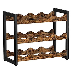 SONGMICS Countertop Wine Rack, 3-Tier Display Wine Storage Shelves, Holds 12 Bottles, Bamboo Wobble-Free Bottle Holder for Kitchen Bar Dining Room Living Room, Rustic Brown and Black UKWR011B01