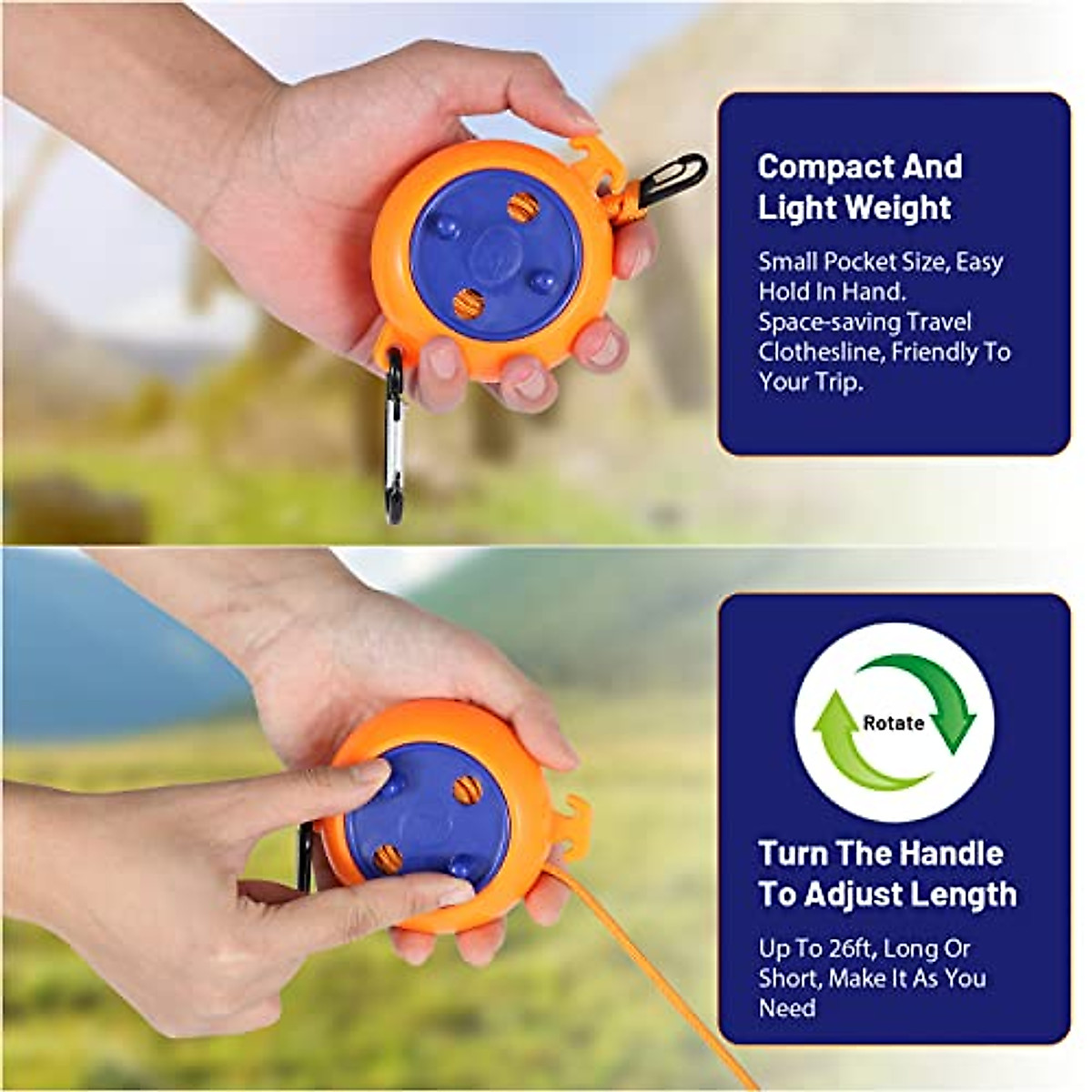 Portable Travel Clothesline Cord, Caudblor Adjustable 26ft Camping Clothes line, Laundry Drying Rope for Hotel Trip, Cruise, Outdoor/Indoor, with 12Pcs Stoppers, Windproof Clothespins