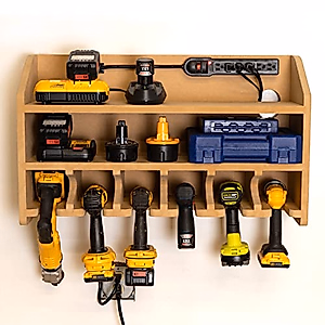 TrunkWorks Heavy Duty 6 Bay Cordless Drill Wall Mount Organizer Shelf Storage & Battery Charging Station - Gifts for Dad/Men