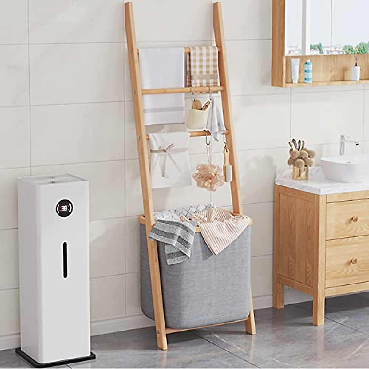 Blanket Ladder with Basket, 17.3”L x 55.1”H, Bamboo Towel Rack with Storage Hamper Basket, Blanket Holder Rack, Wall Leaning Decorative Ladder Shelf, Drying Display Rack for Bathroom Living Room Home