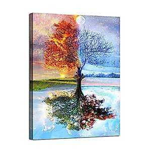 AGCary Four Season Tree of Life Poster with Framed Print Canvas Painting Picture Wall Art for Home Decorations Wall Decor 12 x 16