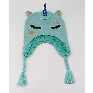 Kids Girls Cute Glitter Unicorn Beanie Winter Hat and Glove Set Knitted Earflap Cap Flip Top Mitten Set Blue